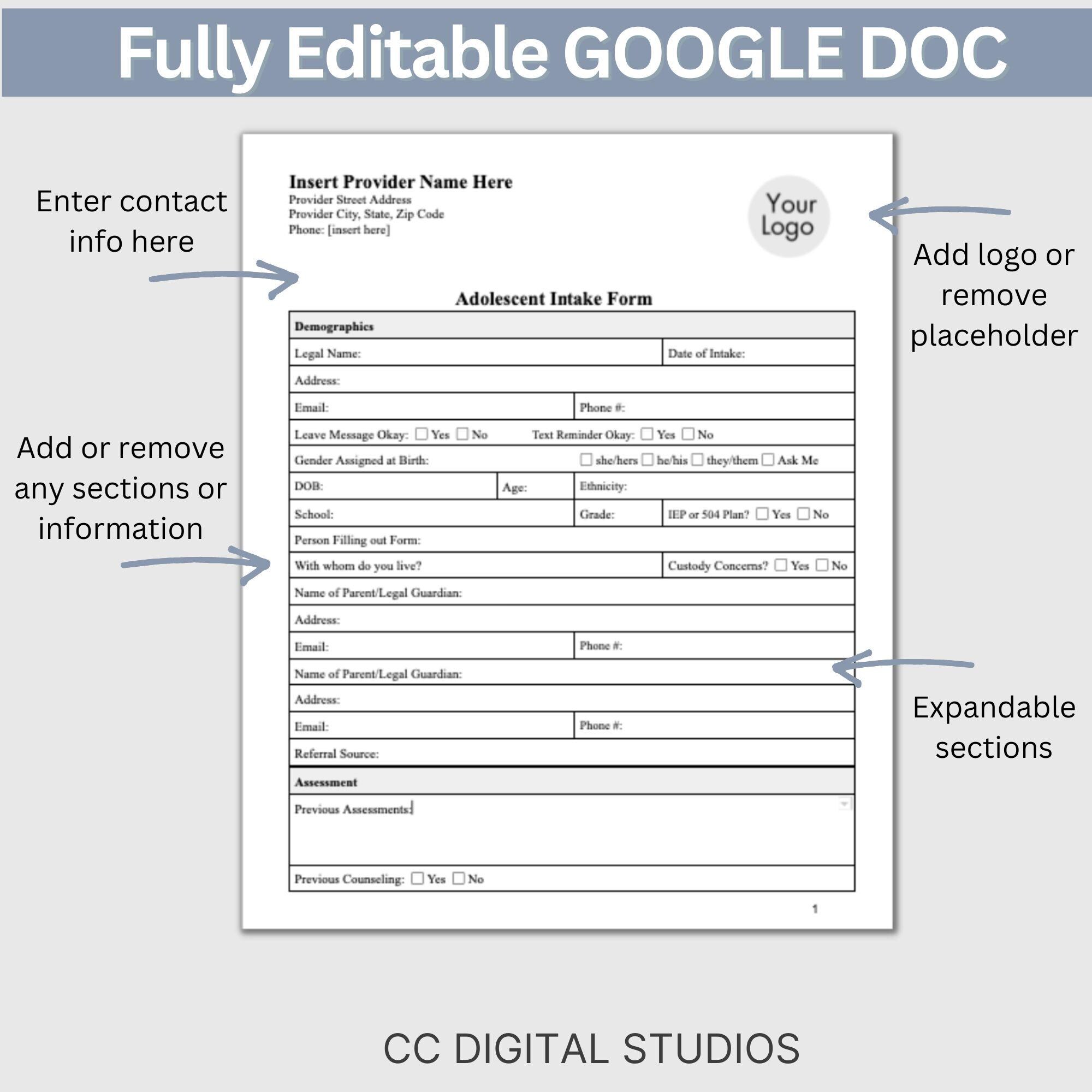 Adolescent Intake Form: Mental Health Therapist Template (google Doc ...