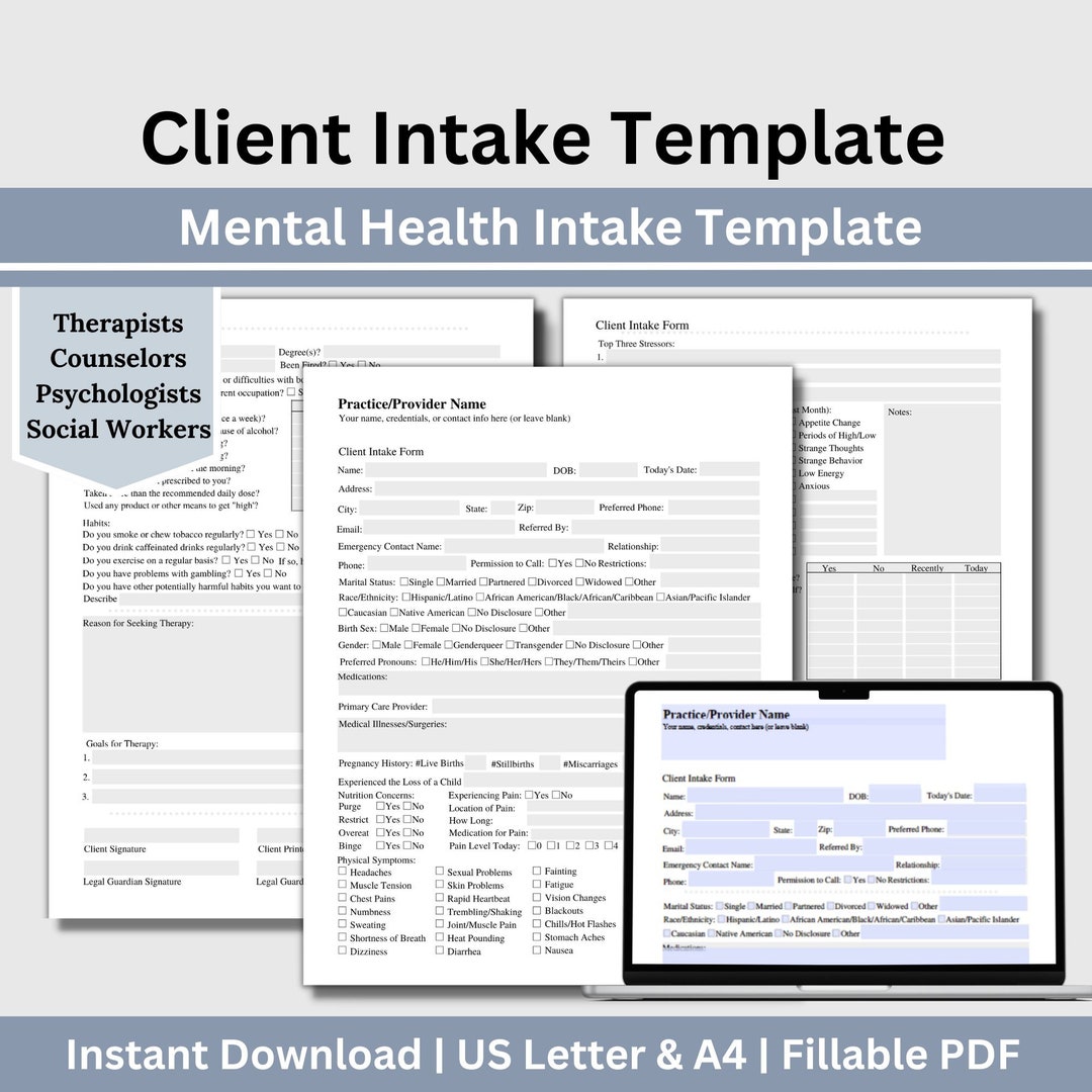 Client Intake Form Fillable PDF for Therapist Office, Private Practice ...