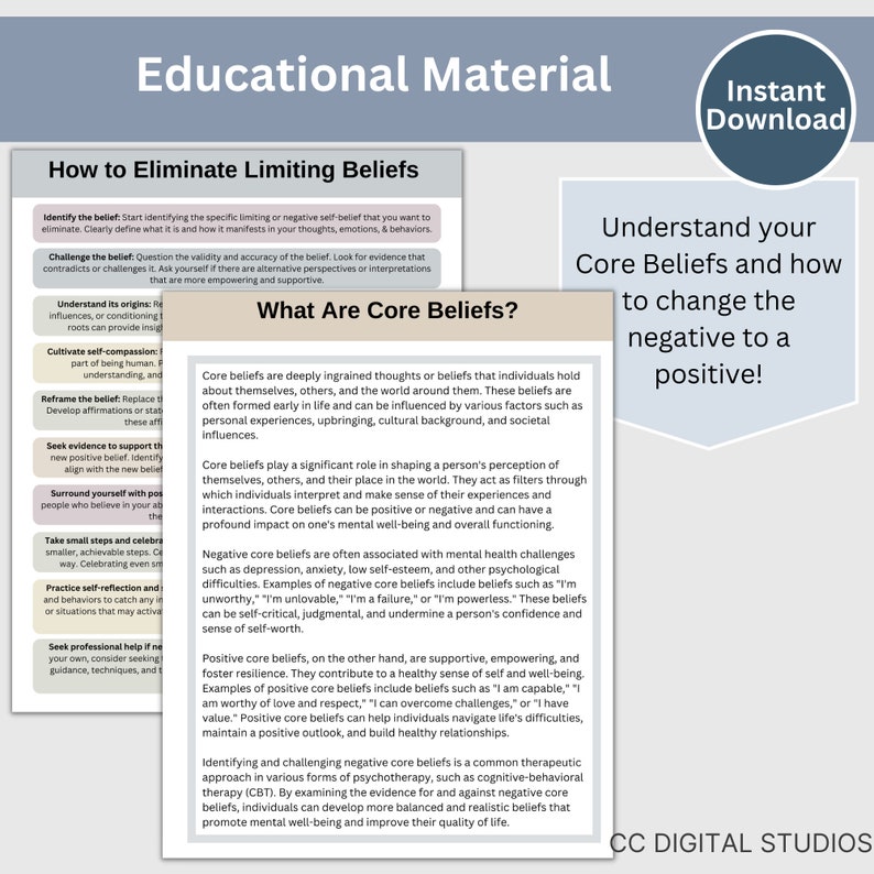 CBT Worksheets for Core Values, Mental Health Workbook, Limiting ...