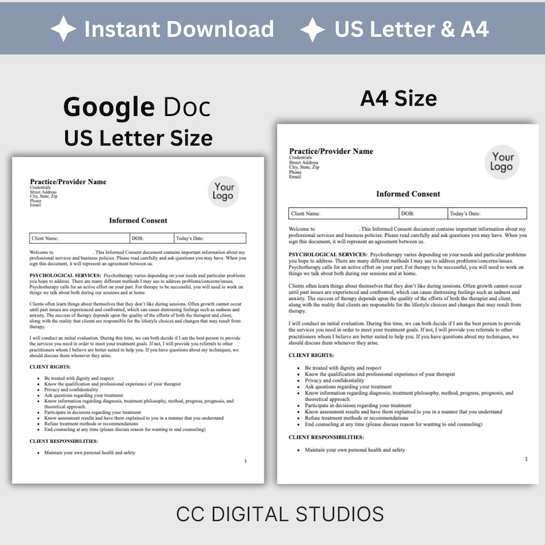 Mental Health Informed Consent Form: Editable Google Doc Template (US ...