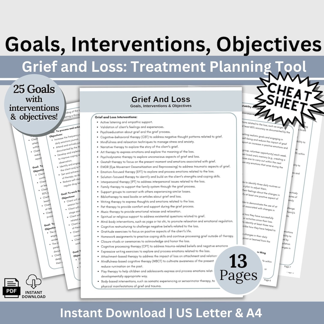 Grief Therapy Treatment Plan Cheat Sheet, Therapy Tool Measurable Goals ...