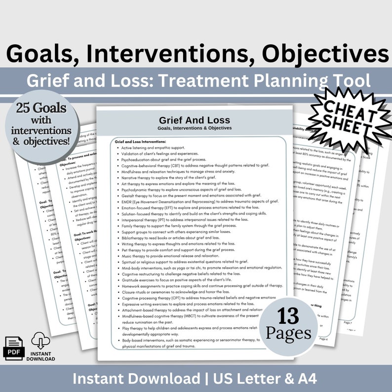 Grief Therapy Treatment Plan Cheat Sheet, Therapy Tool Measurable Goals ...