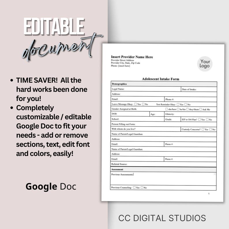 Adolescent Intake Form: Mental Health Therapist Template (google Doc ...