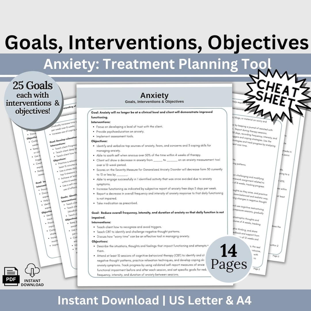 Anxiety Treatment Plan Cheat Sheet, Therapy Tool Measurable Goals ...