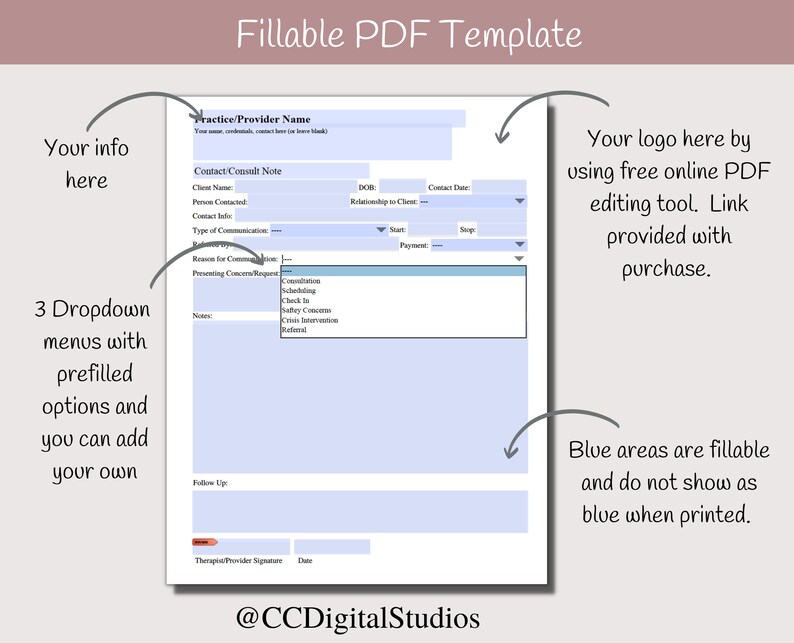 Therapy Contact Note, Fillable PDF Consultation Form, Therapy Note ...