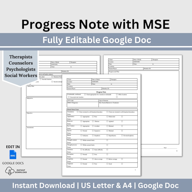 Therapy Progress Note Template: Mental Status Exam (MSE) - Google Doc ...