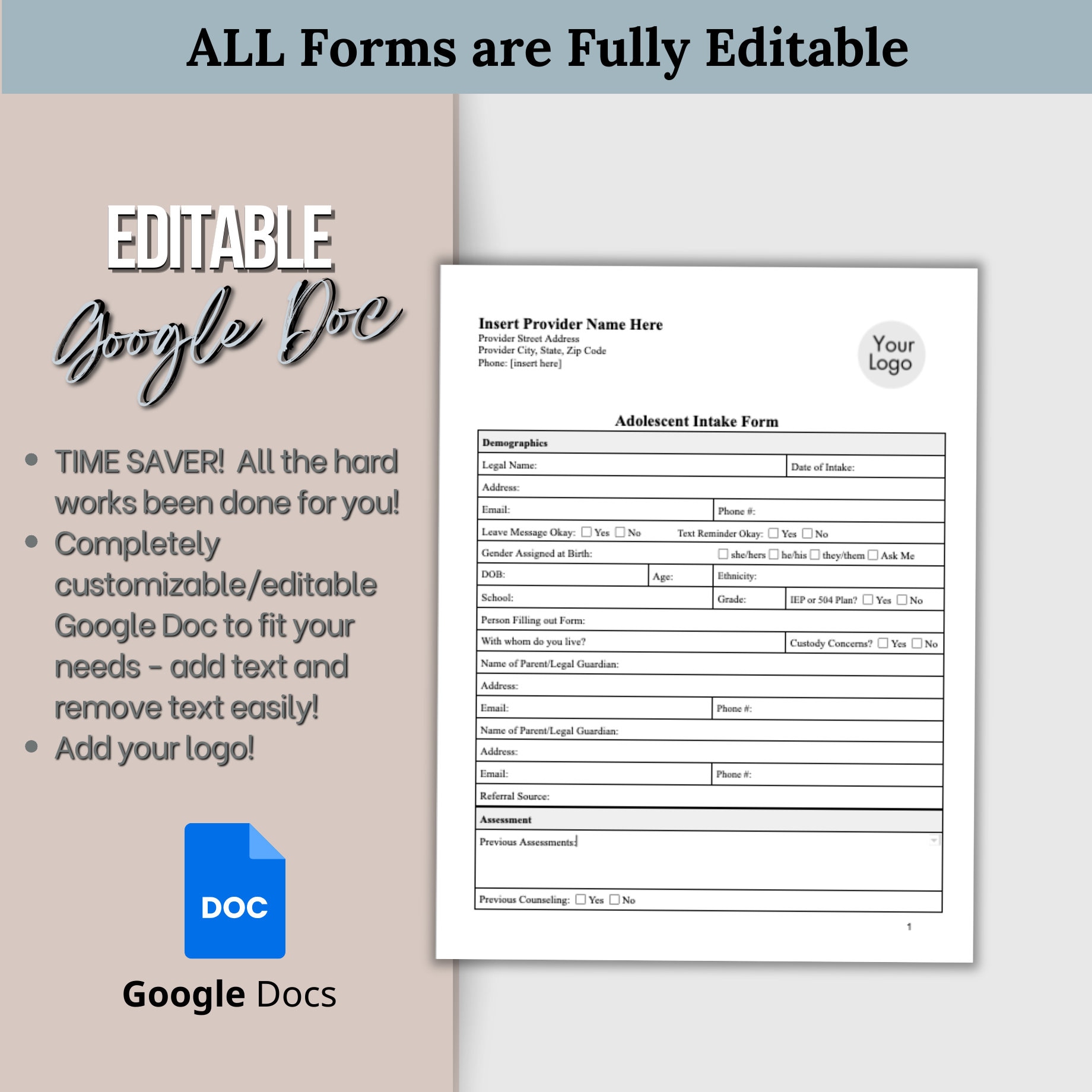 Adolescent Therapy Intake Forms and Consents BUNDLE, Editable Google ...