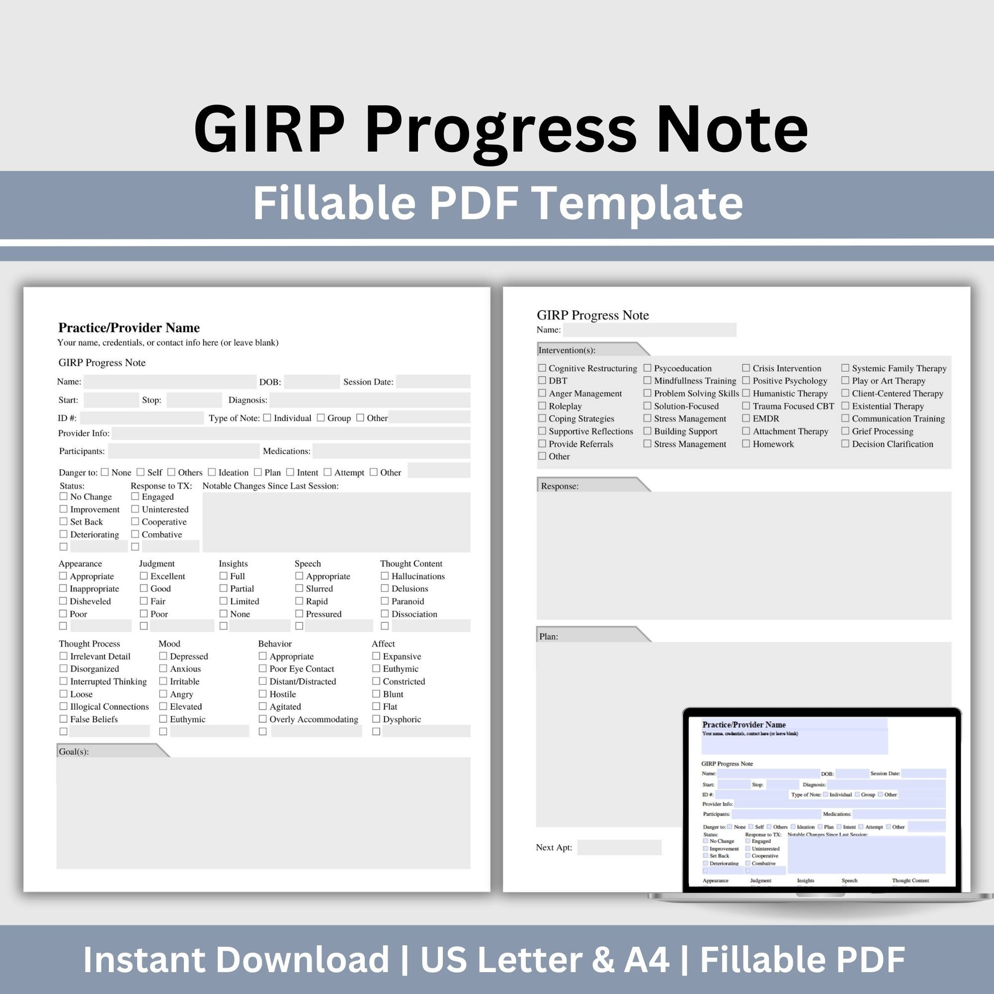 GIRP Progress Note Template: Fillable Therapy Form (PDF) - Etsy