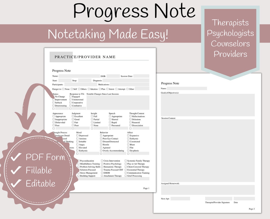 Progress Notes for Therapists Fillable & Editable Form - Etsy