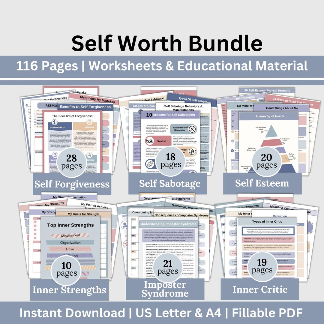 Self Worth Therapy Worksheets Bundle, Confidence, Self Esteem, Inner Critic, Self Sabotage ...