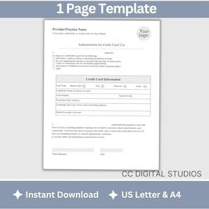 Credit Card Authorization Form: Fillable PDF for Therapist Office - Etsy