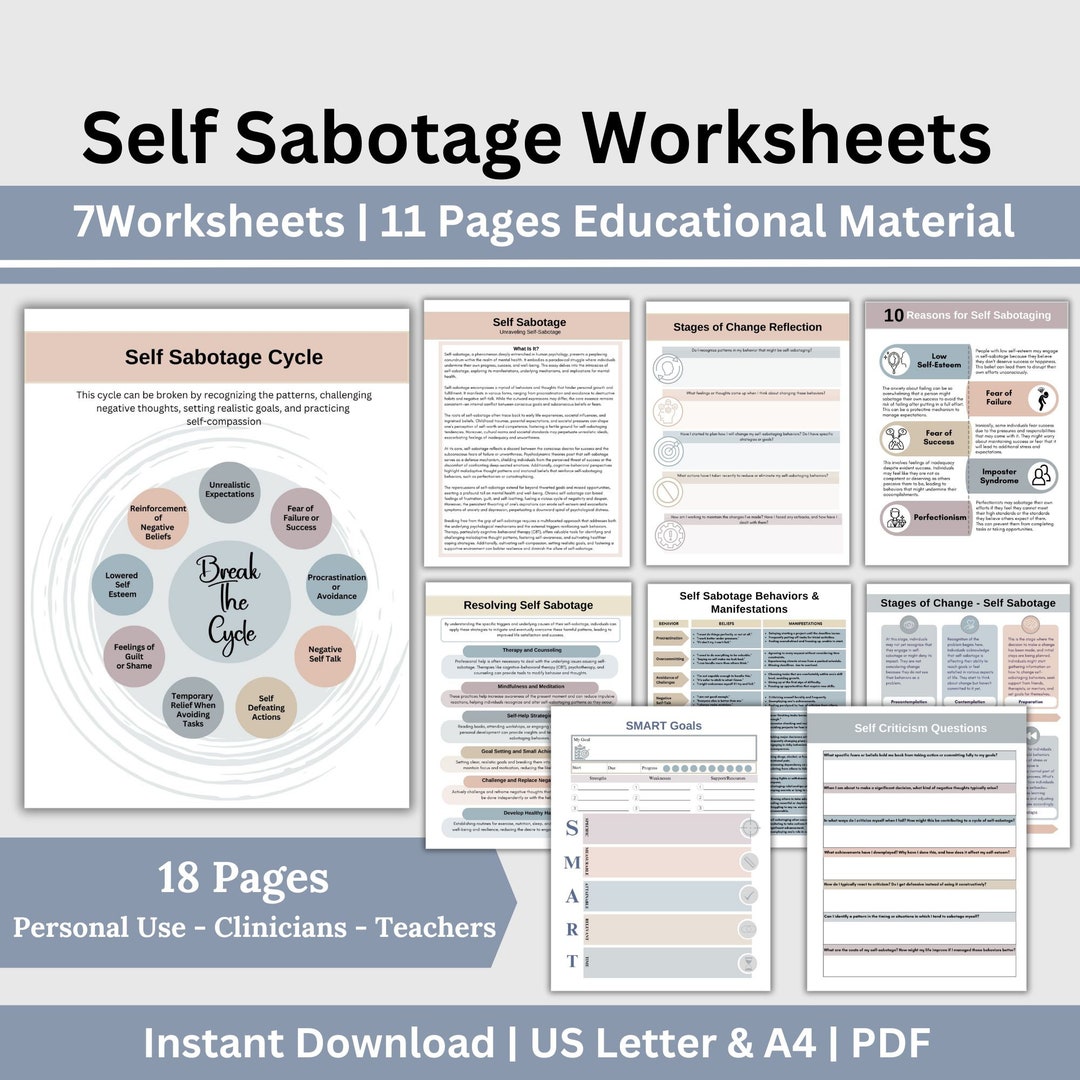 Self Sabotage Workbook, Inner Critic Therapy Worksheets, Self Love ...