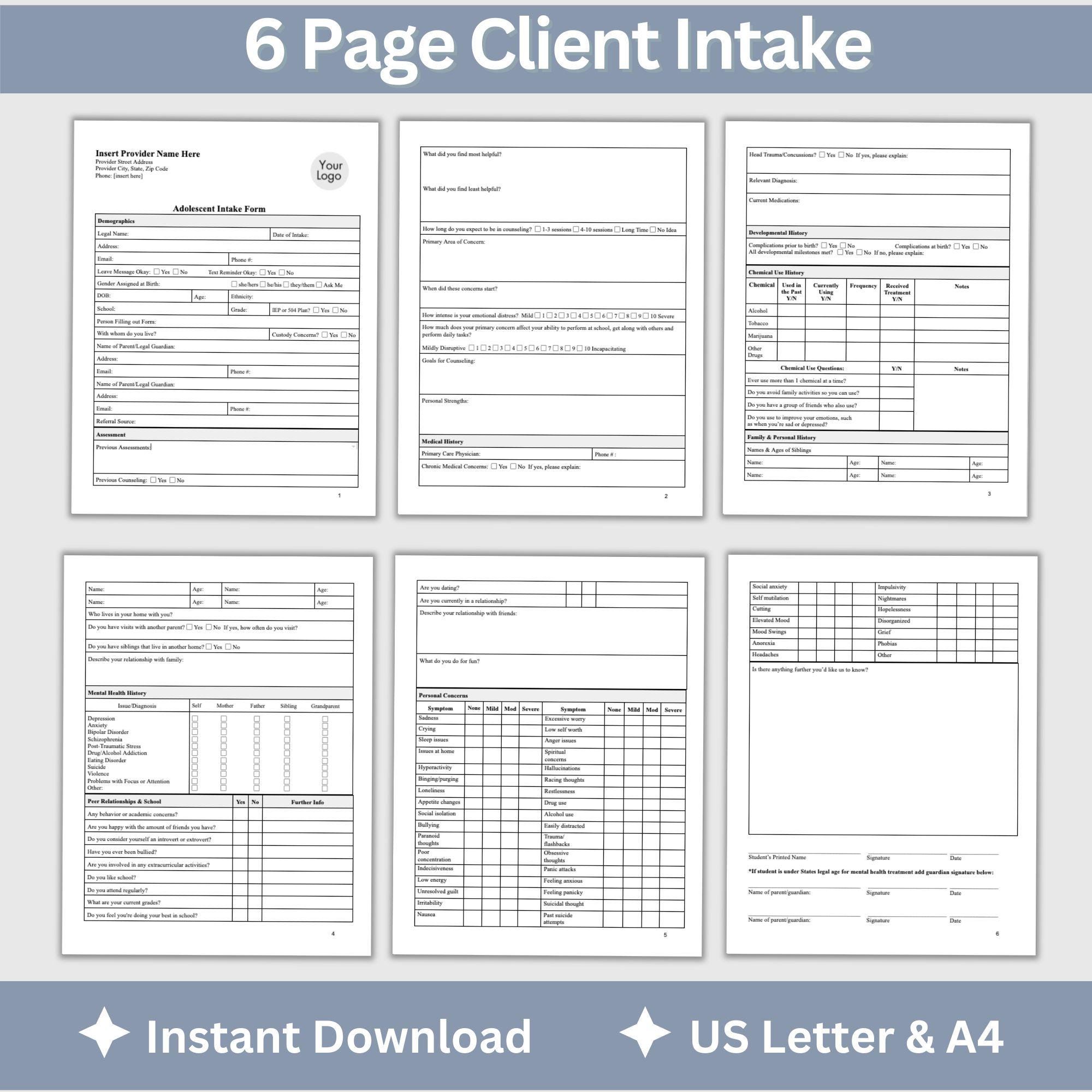 Adolescent Intake Form: Mental Health Therapist Template (google Doc ...