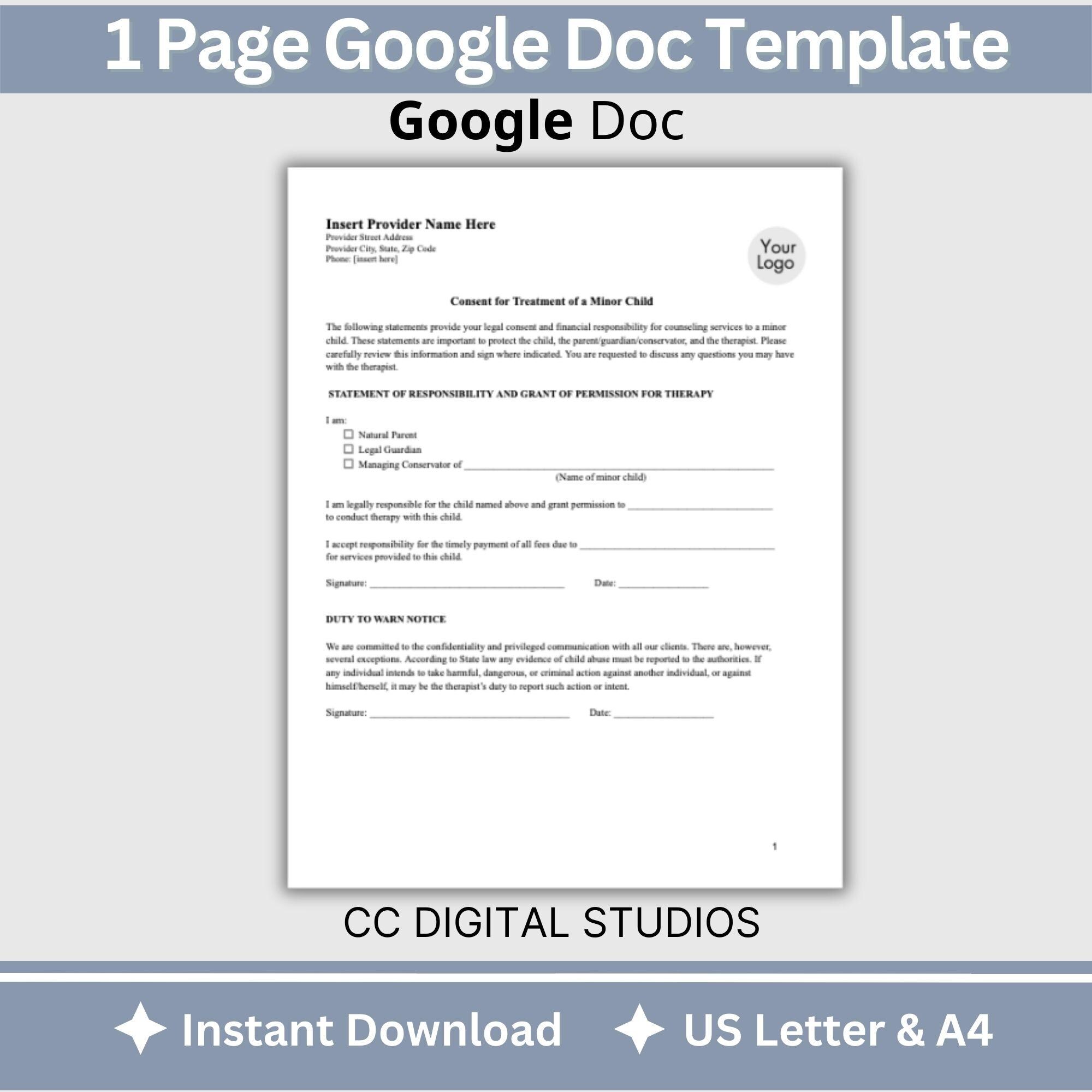 Mental Health Minor Consent Form: Editable Therapist Intake (google Doc ...