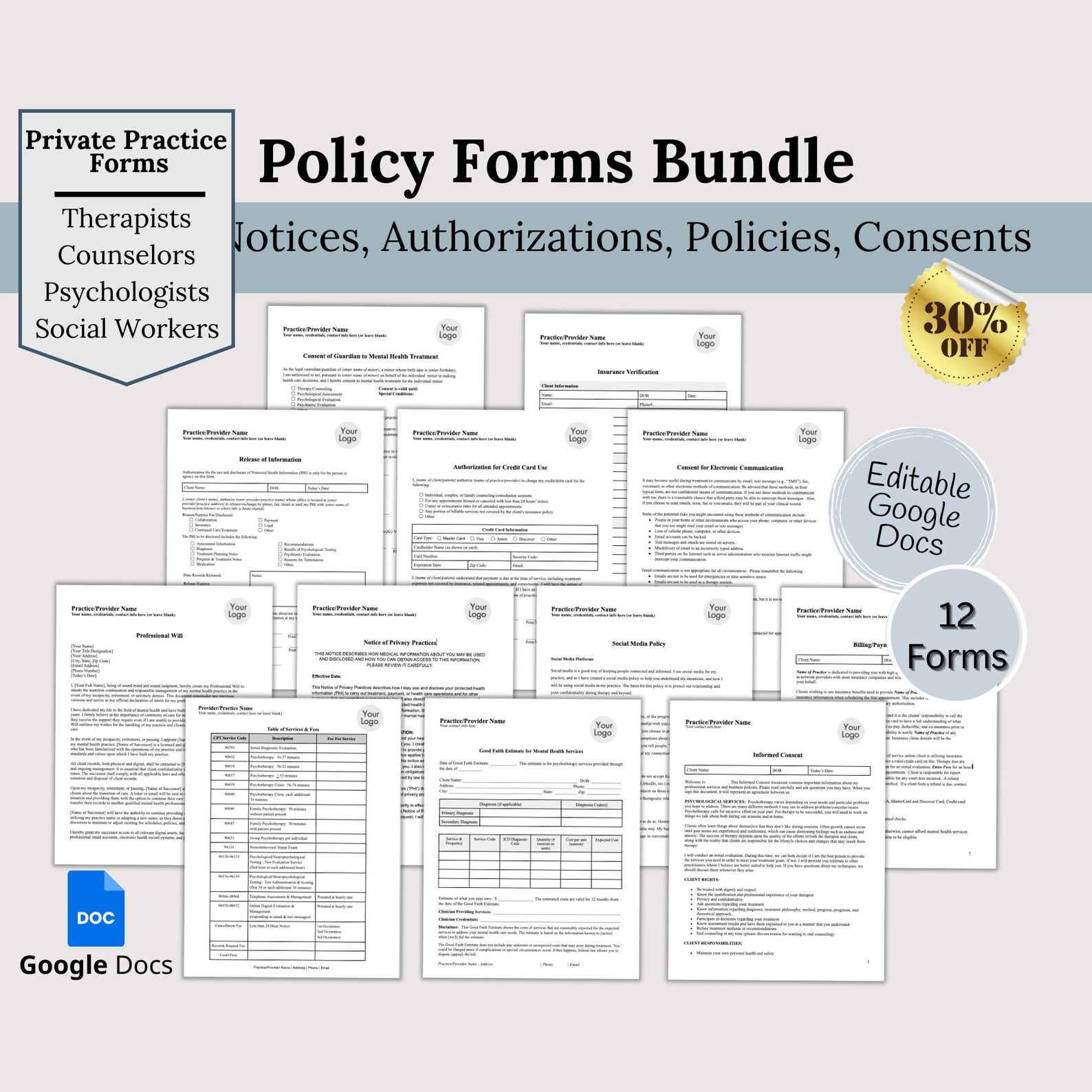 Policy Forms BUNDLE Editable Google Docs Psychologists - Etsy