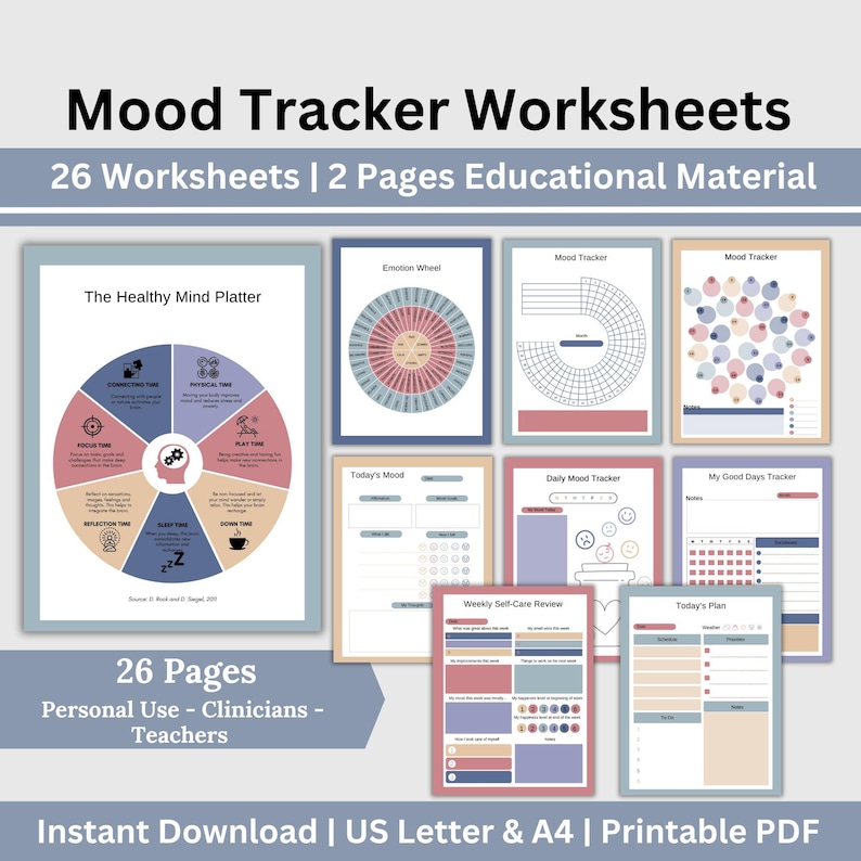 Mood Tracker Therapy Journal: Mental Health Worksheets (printable PDF ...