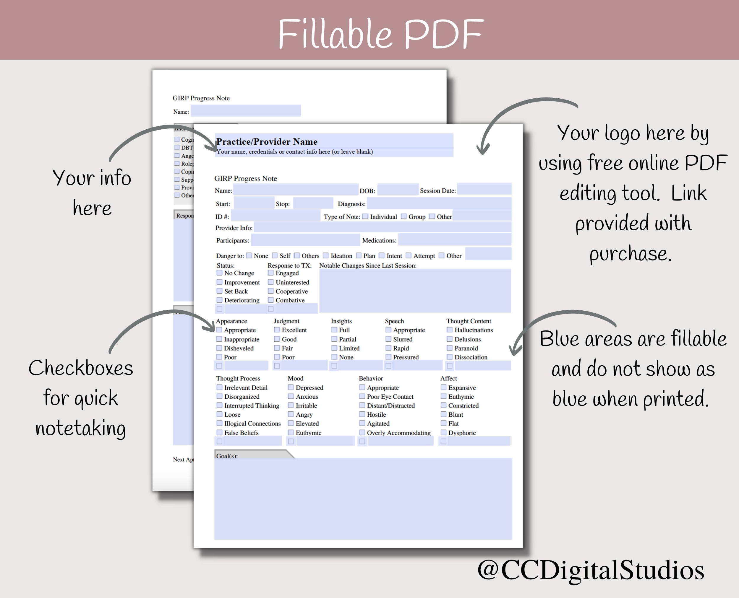 GIRP Progress Note Template Fillable & Printable Mental - Etsy Australia