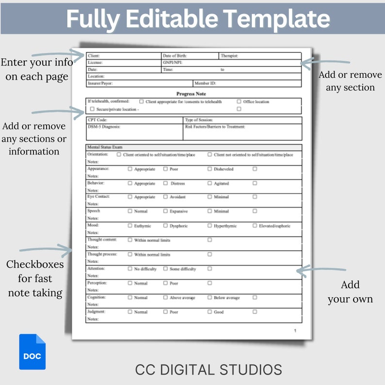 Therapy Progress Note Template: Mental Status Exam (MSE) - Google Doc ...