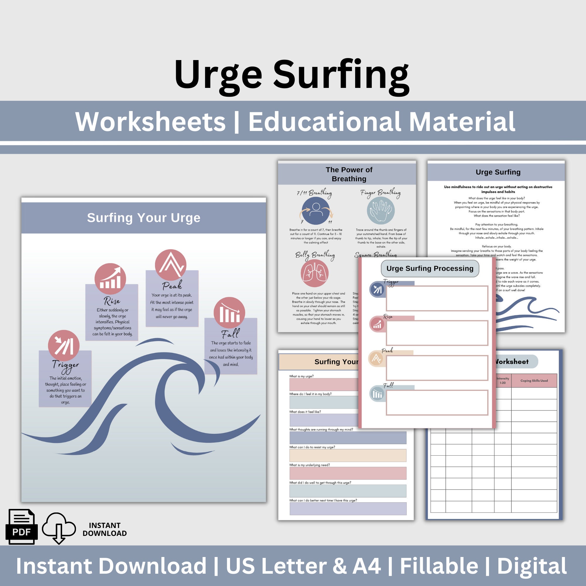 Urge Surfing CBT Worksheets, Addiction Recovery, DBT, Therapy ...