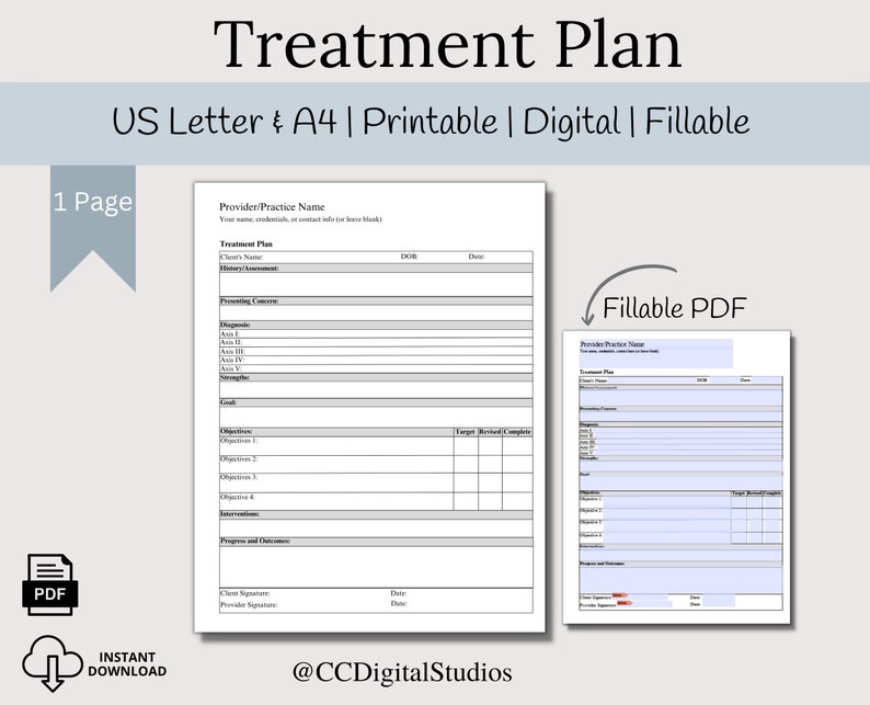 Treatment Plan Template for Therapists Printable & Fillable - Etsy