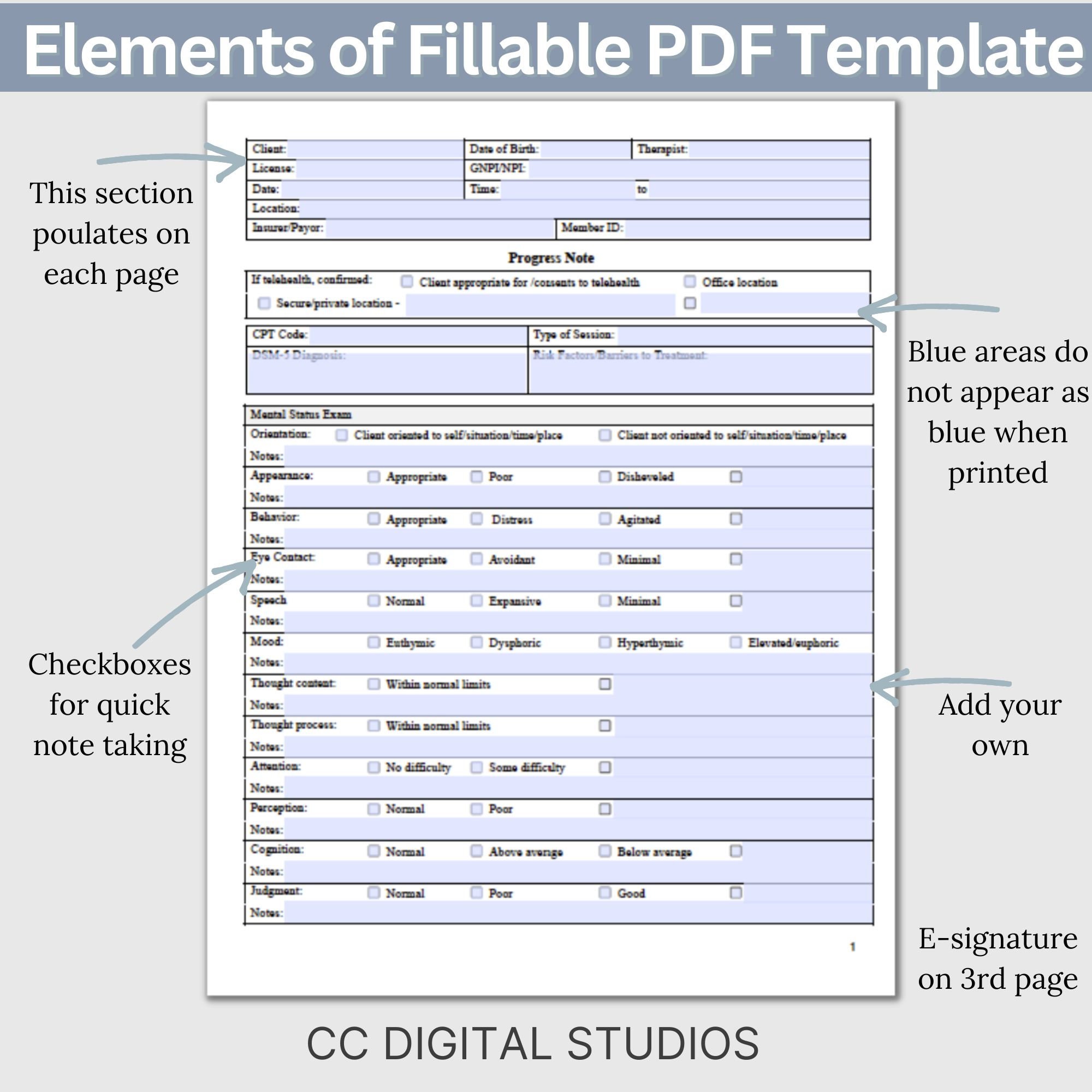 Progress Note With MSE Mental Status Exam, Counseling Office Forms ...