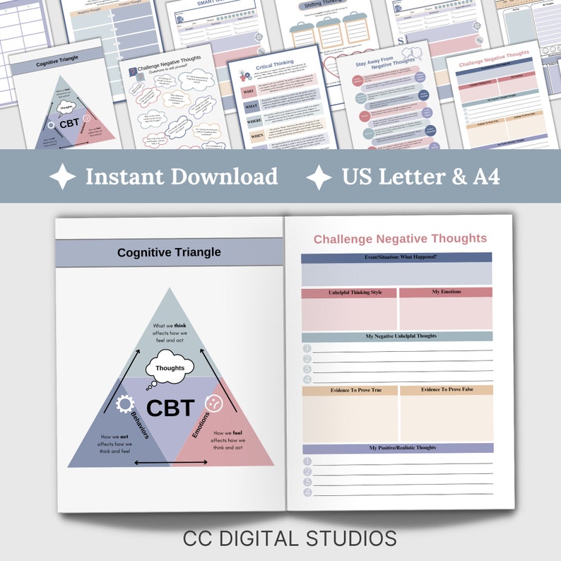 CBT Therapy Worksheets: Challenge Negative Thoughts, Cognitive ...
