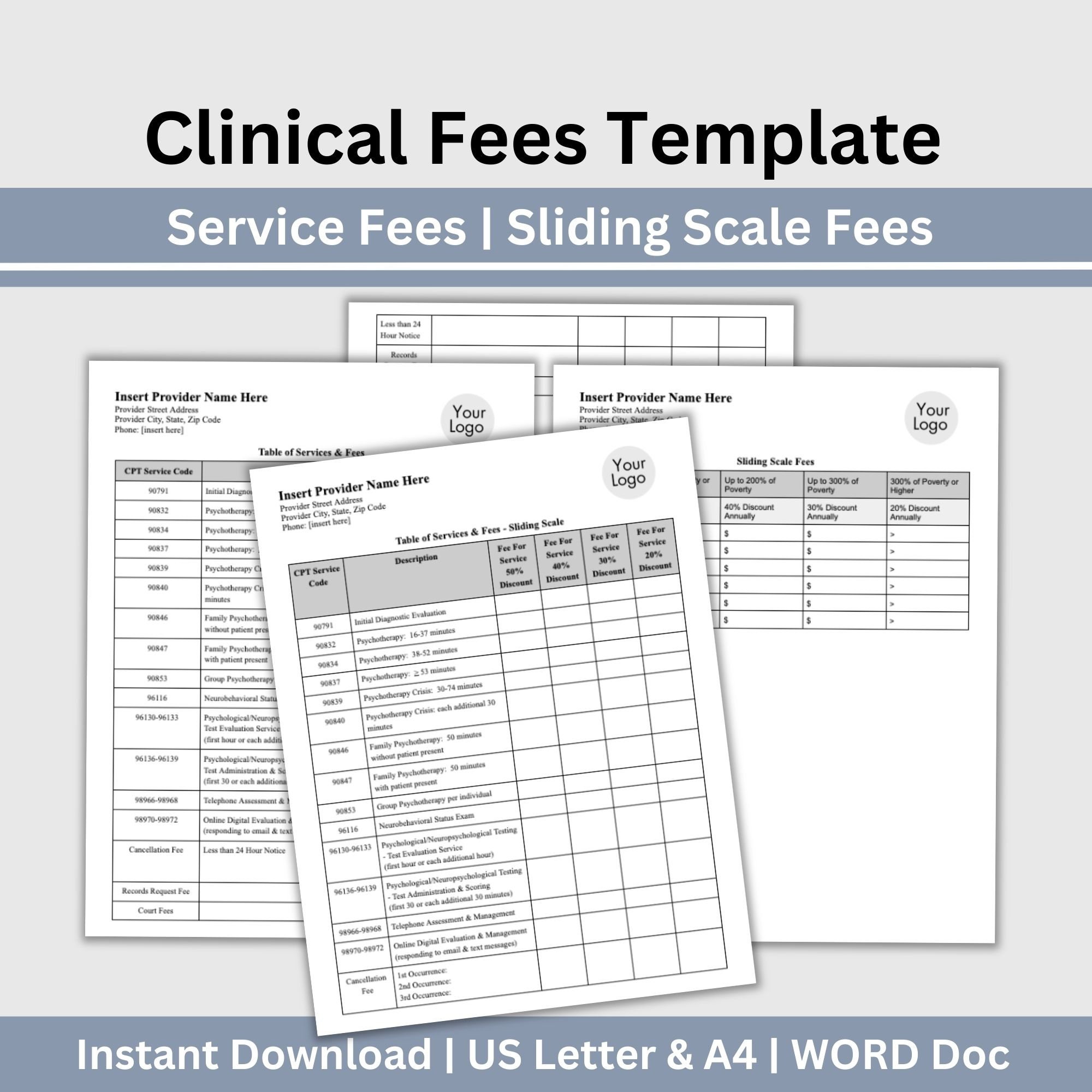 Clinical Fees Template, Sliding Fee Table, Editable WORD Doc, Therapy Tool, Private Practice ...