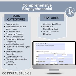 Biopsychosocial Intake Assessment Form, Comprehensive Fillable Template ...