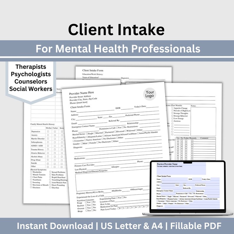 Client Intake Form Fillable PDF for Therapist Office, Private Practice ...