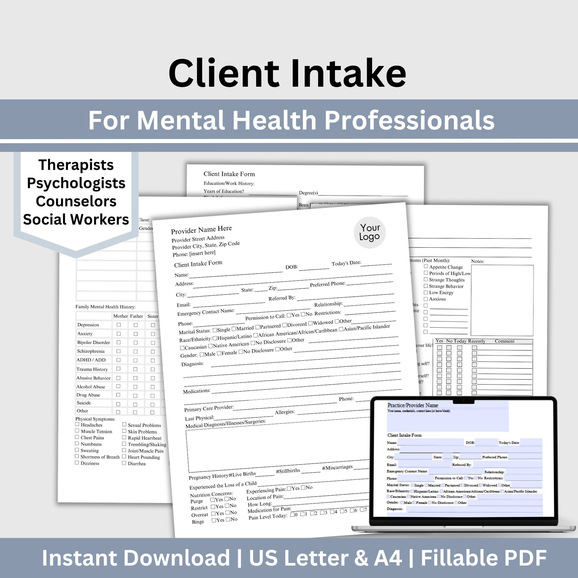 Client Intake Form Fillable PDF for Therapist Office, Private Practice ...
