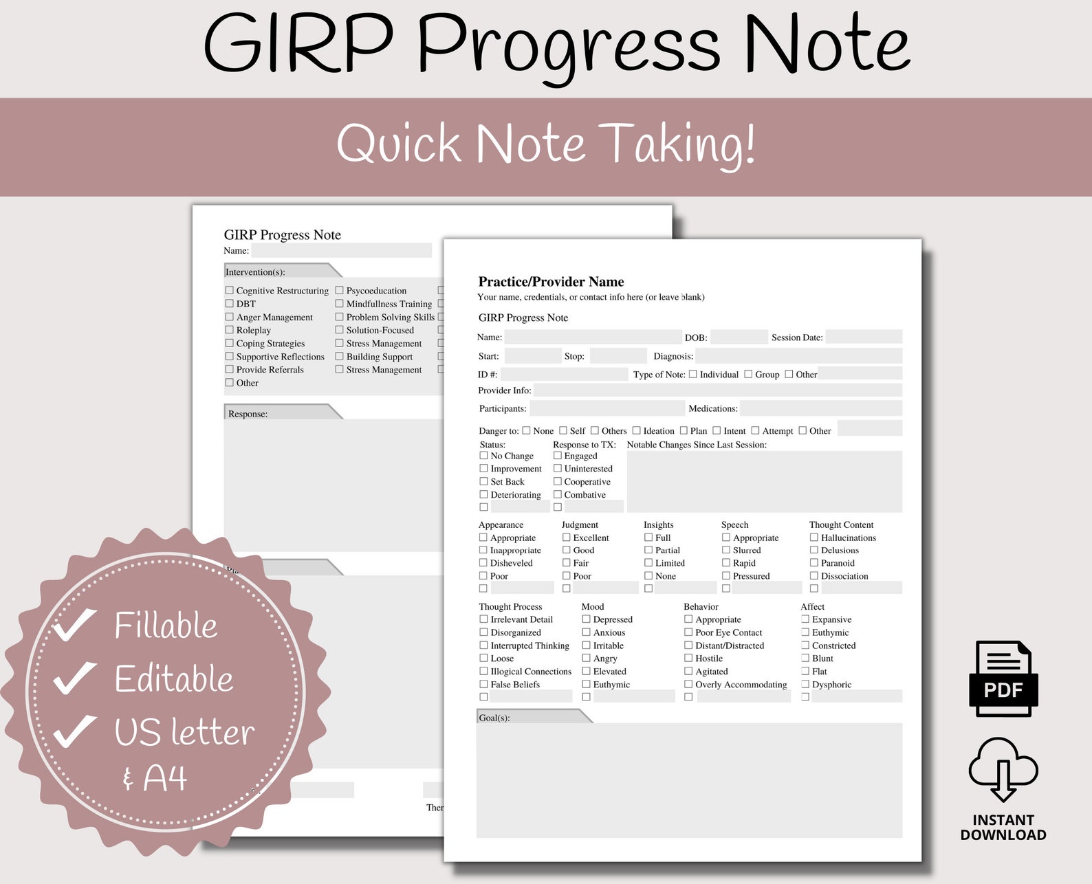 GIRP Progress Note Template Fillable & Printable Mental - Etsy