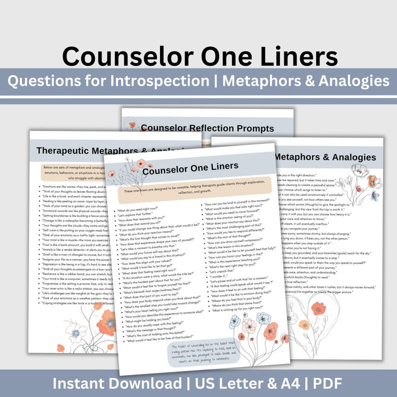 Therapy Questions Cheat Sheets: Counselor One-liners, Reflection ...