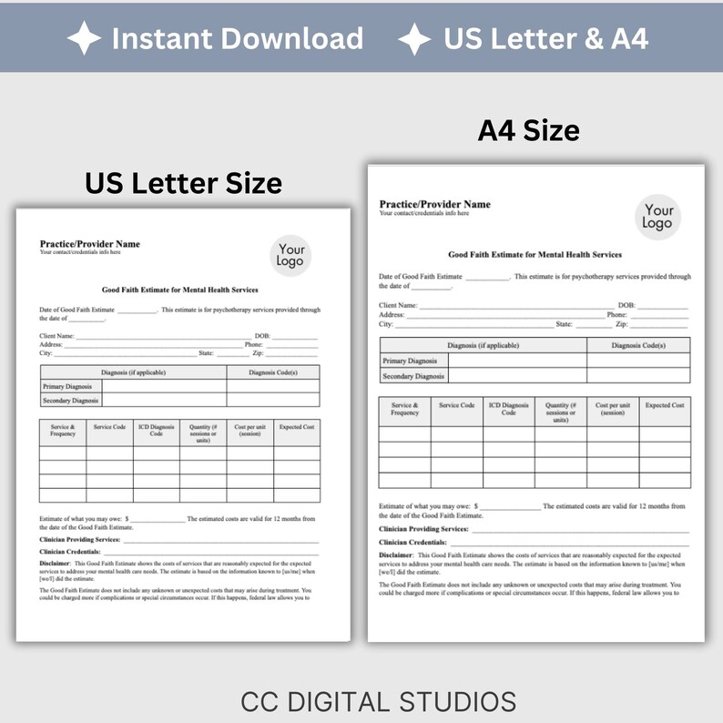 Good Faith Estimate Template: Fillable PDF for Therapists (US Letter ...