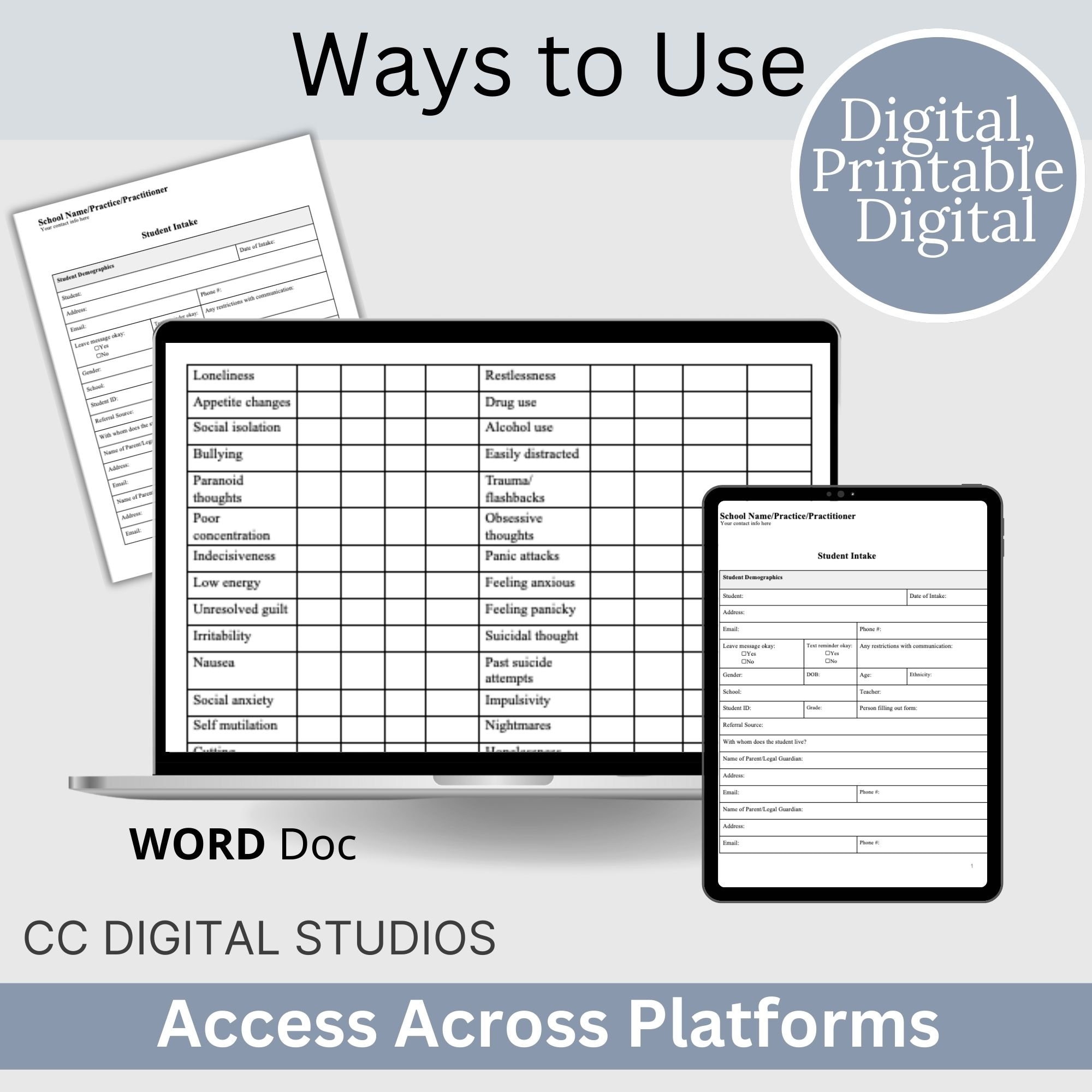 Student Intake Mental Health Form, School Social Worker, School Counseling Therapist Template ...