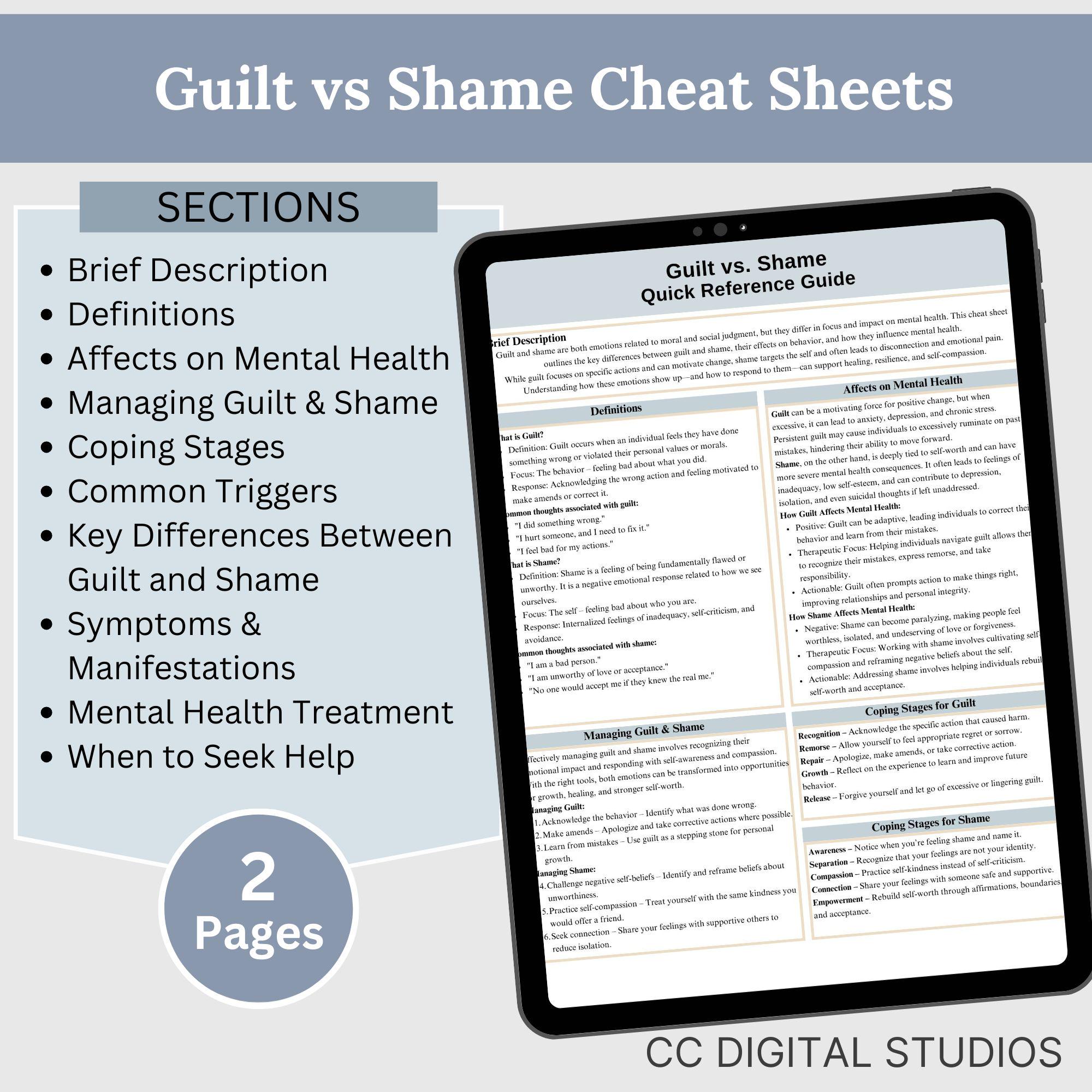 Guilt Vs Shame Therapy Cheat Sheet: Mental Health Resource (digital ...