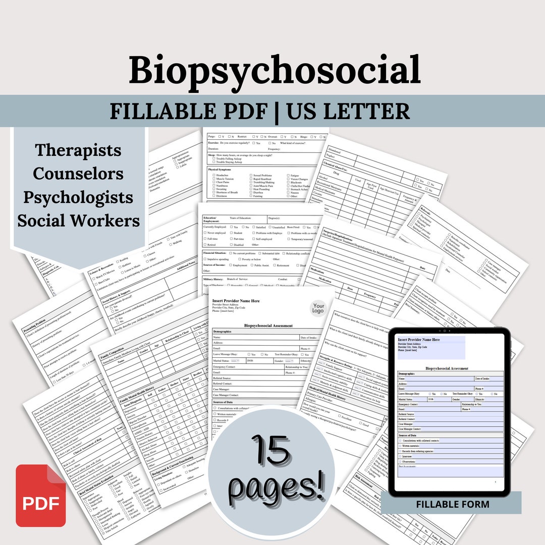 Biopsychosocial Intake Assessment Form, Comprehensive Fillable Form ...