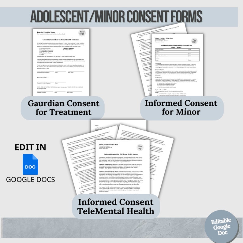 Adolescent Therapy Intake Forms and Consents BUNDLE, Editable Google ...