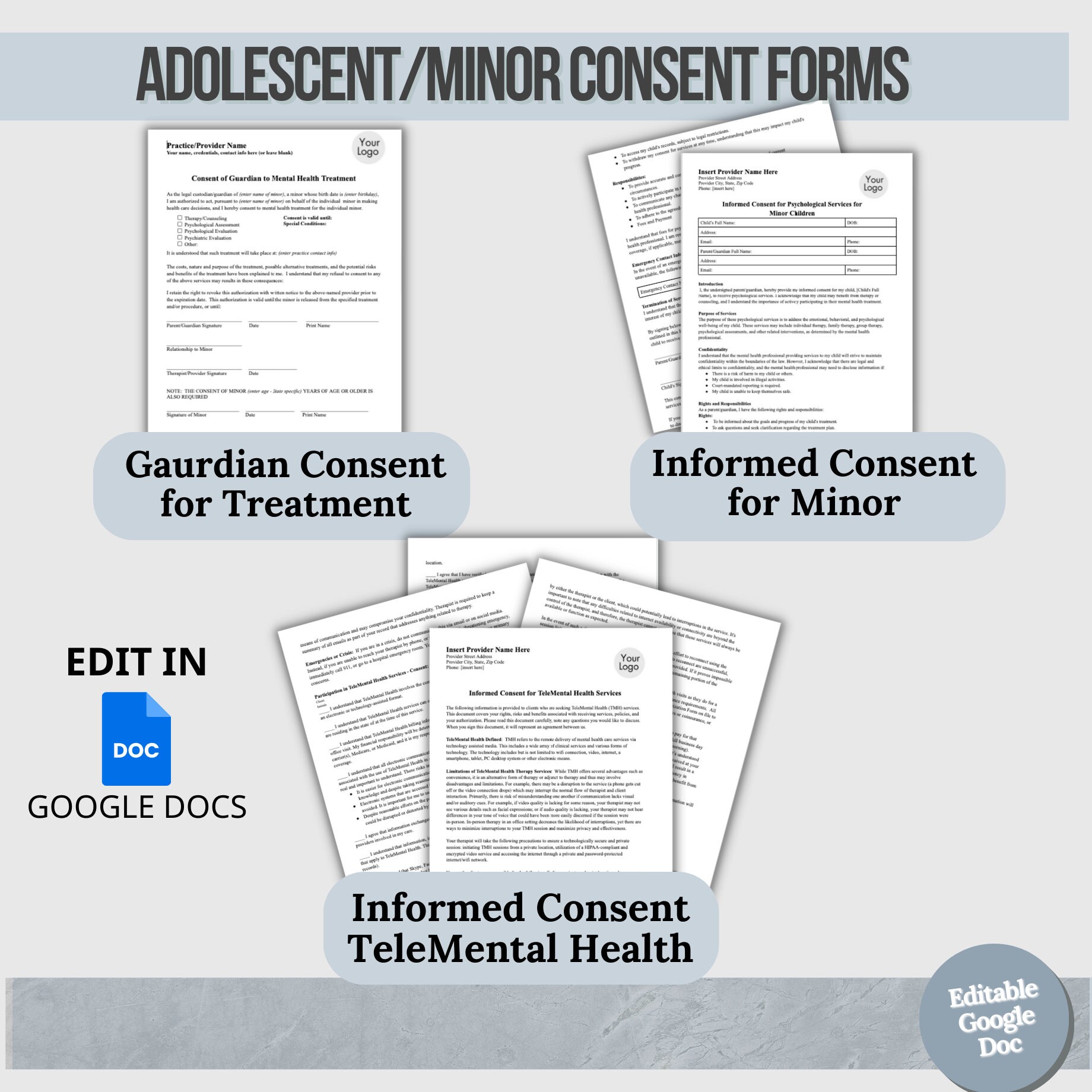 Adolescent Therapy Intake Forms and Consents BUNDLE, Editable Google ...
