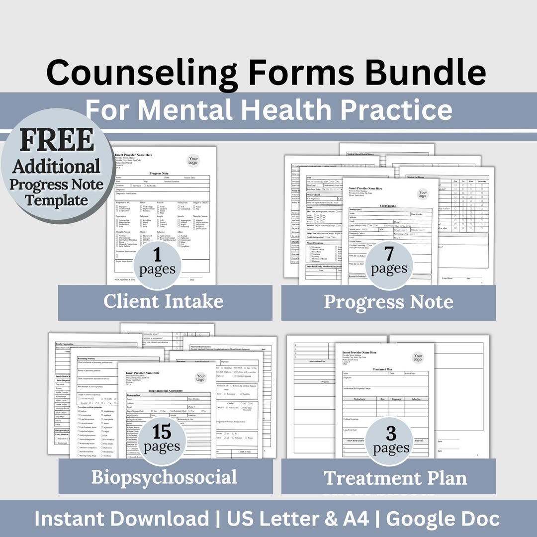 Mental Health Counseling Forms Bundle: Client Intake, Progress Notes ...