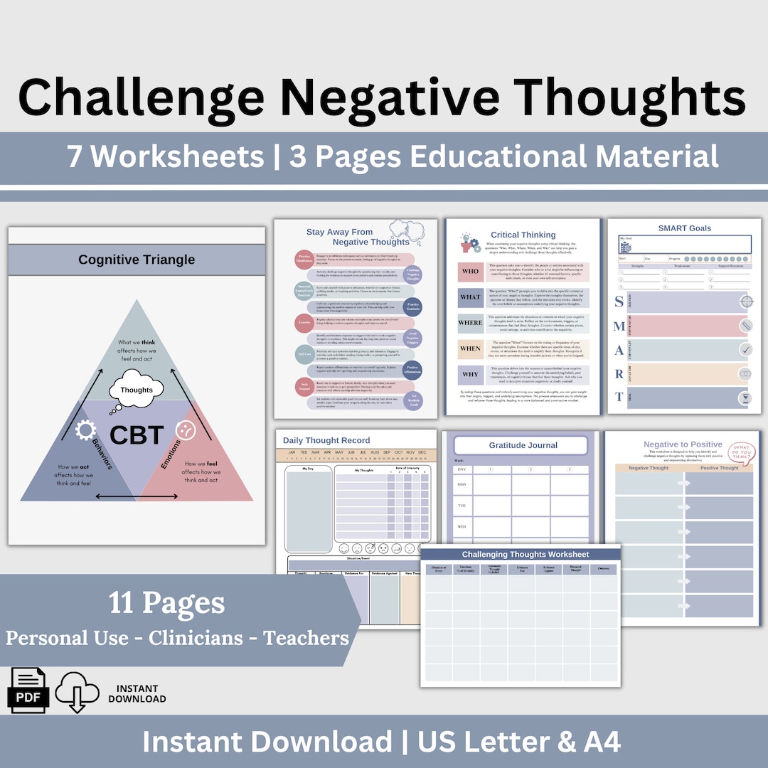 CBT Therapy Worksheets Challenge Negative Thoughts, Cognitive ...