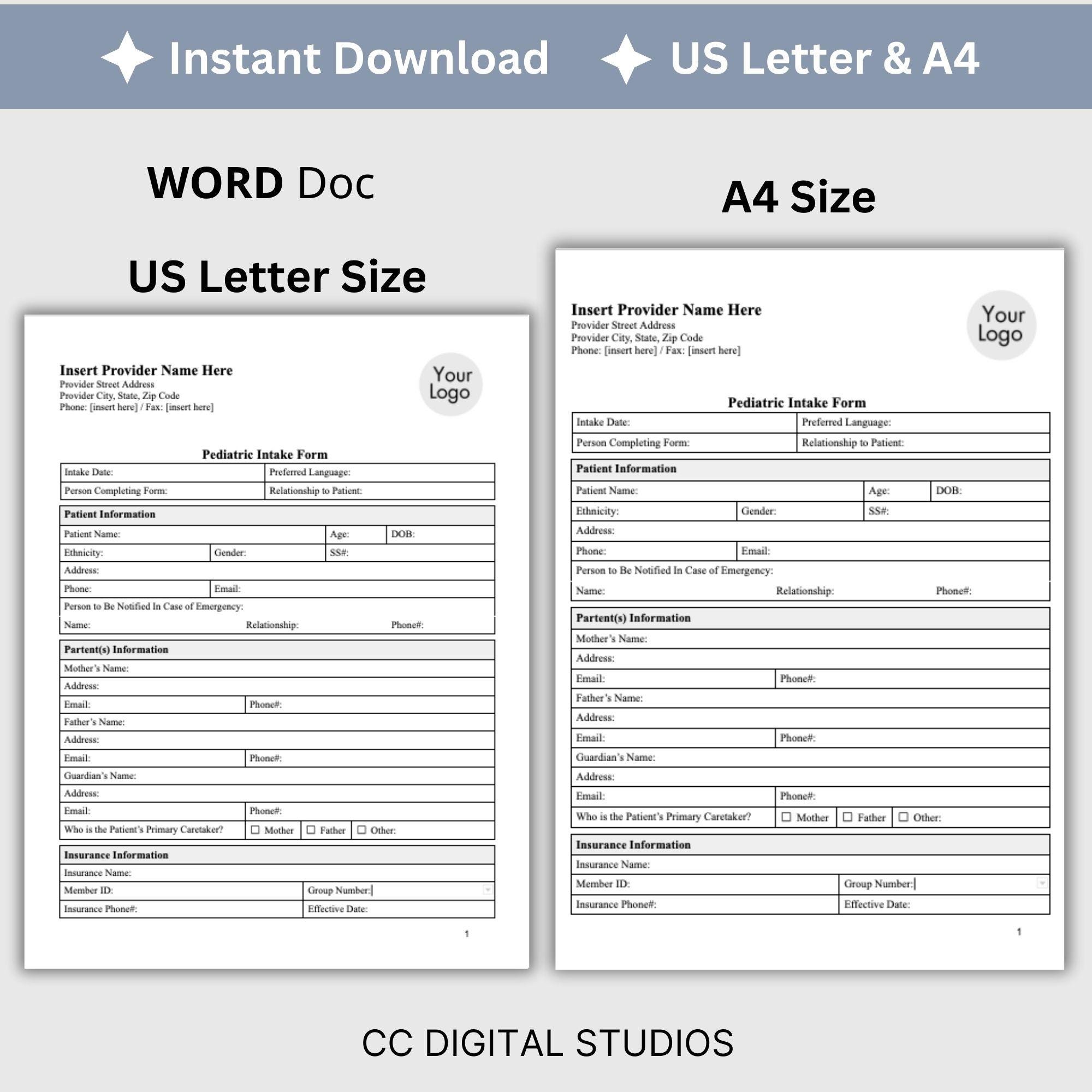 Pediatric Medical Intake Form Editable Word Document — Clinic New ...