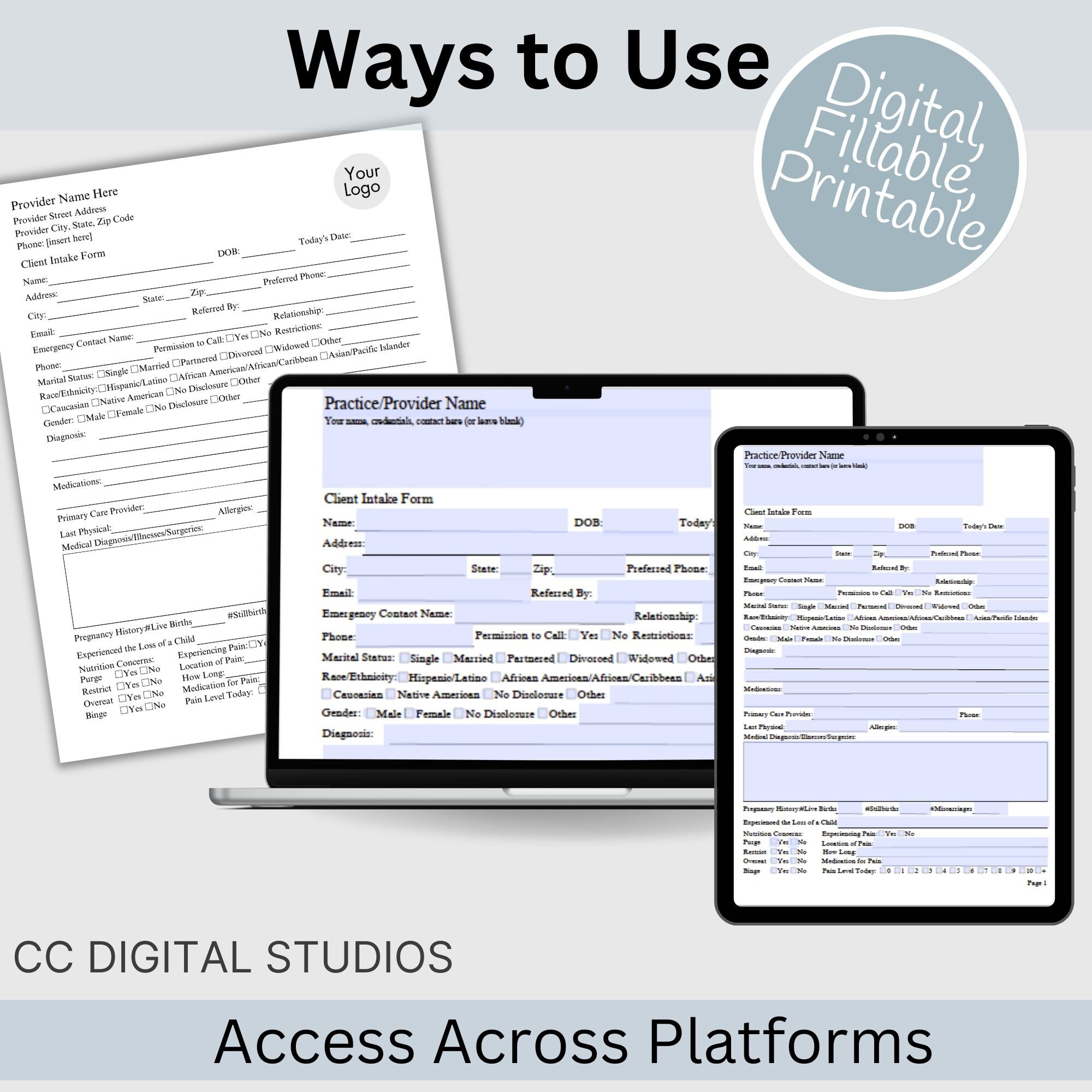 Client Intake Form Fillable PDF for Therapist Office, Private Practice ...