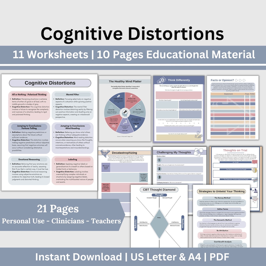 CBT Cognitive Distortion Worksheets: Therapy Resources (digital ...