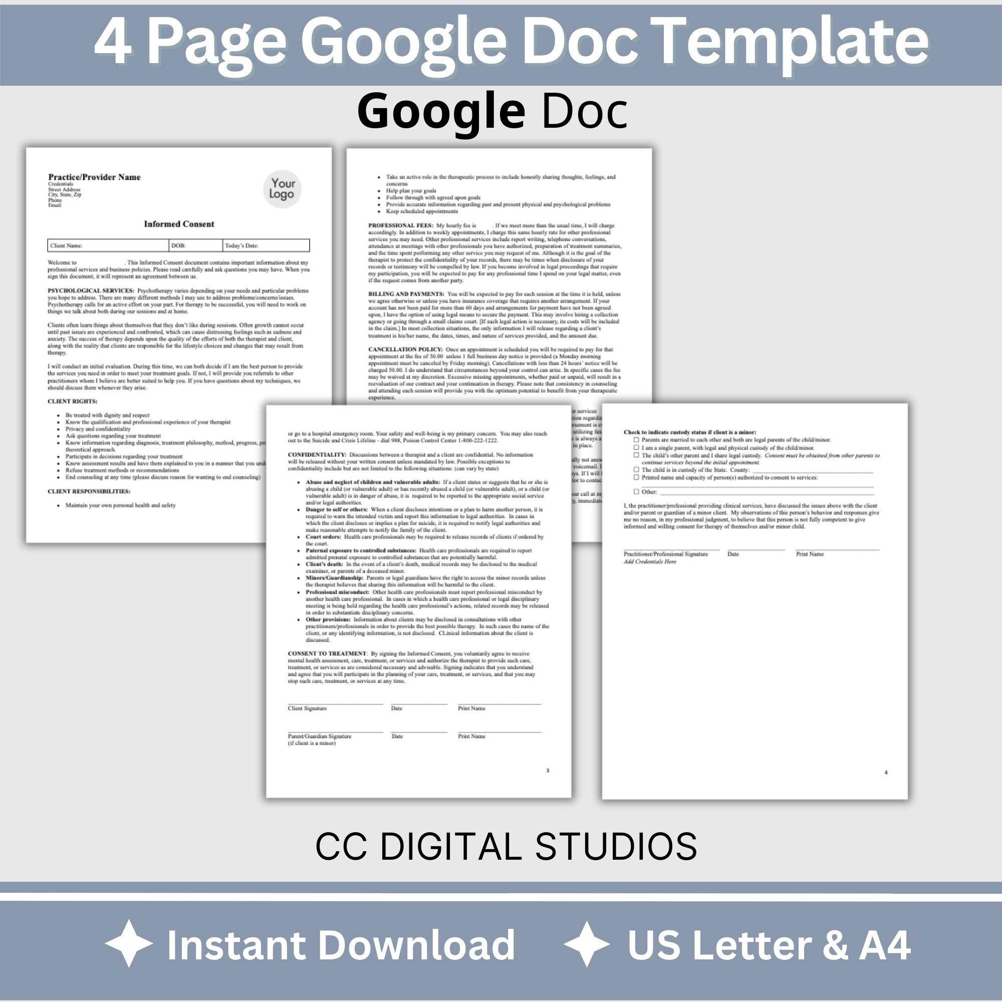 Mental Health Informed Consent Form: Editable Google Doc Template (US ...