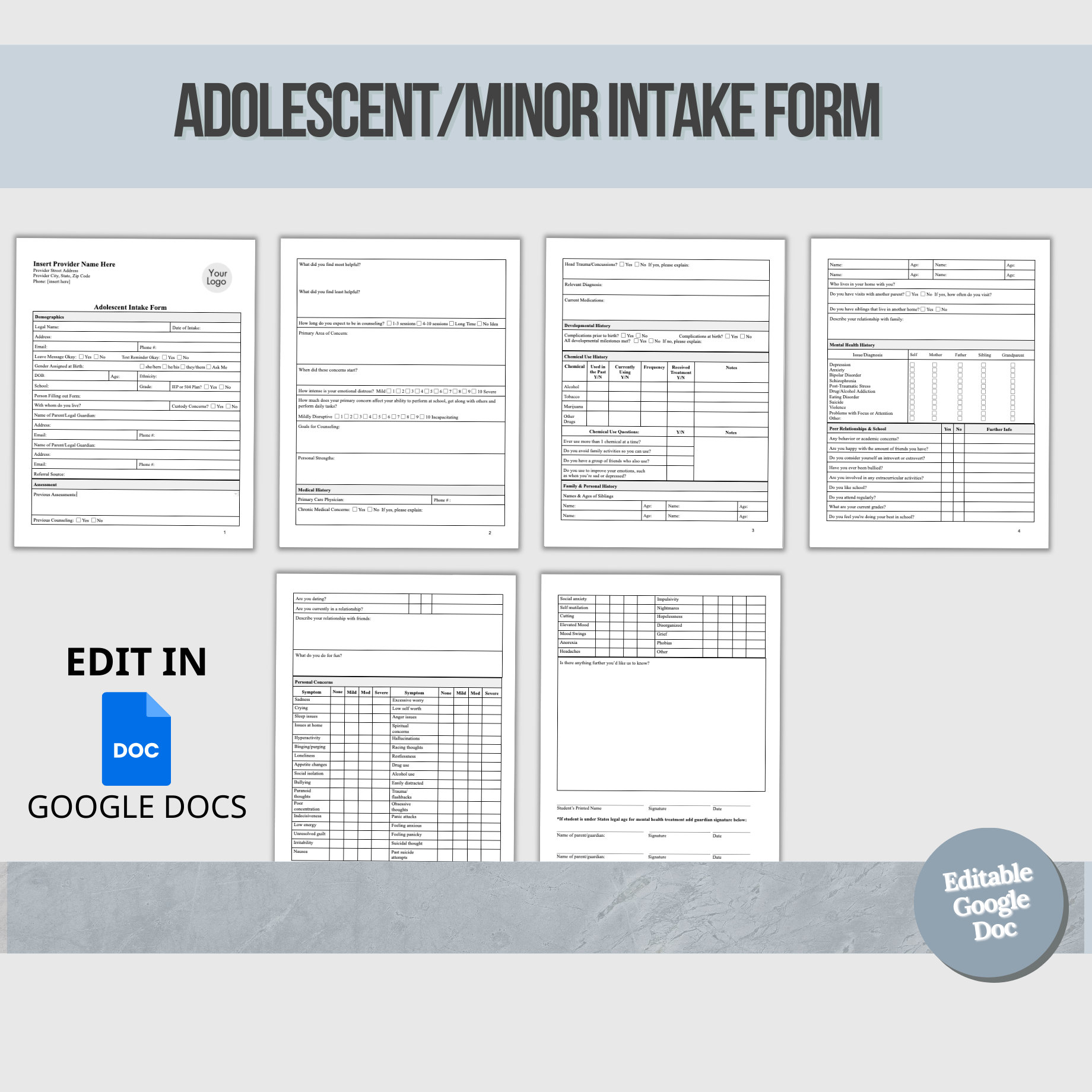 Adolescent Therapy Intake Forms and Consents BUNDLE, Editable Google ...