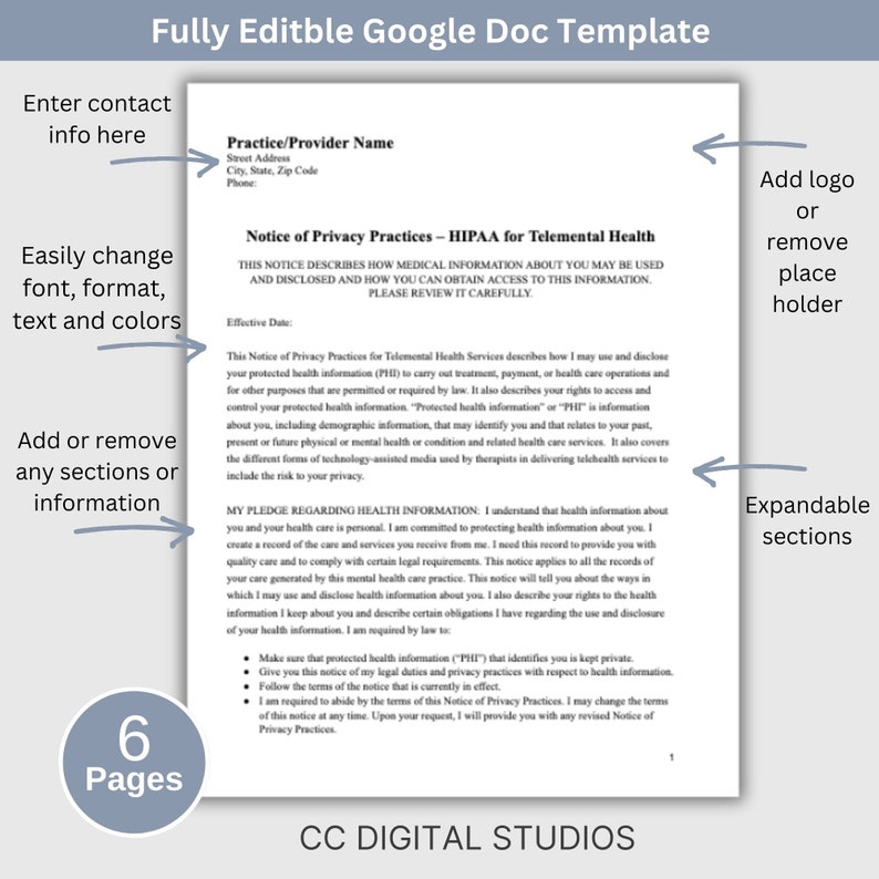 Telemental Health HIPAA Form, Notice of Privacy Practices for Therapist ...