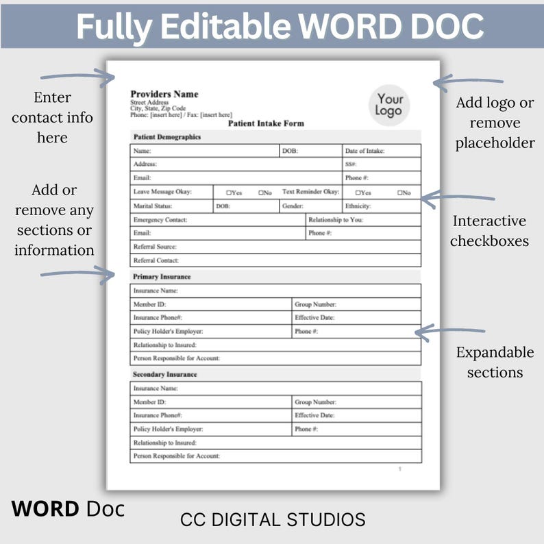 Medical Intake Form: New Patient Health History (WORD Doc, Digital ...