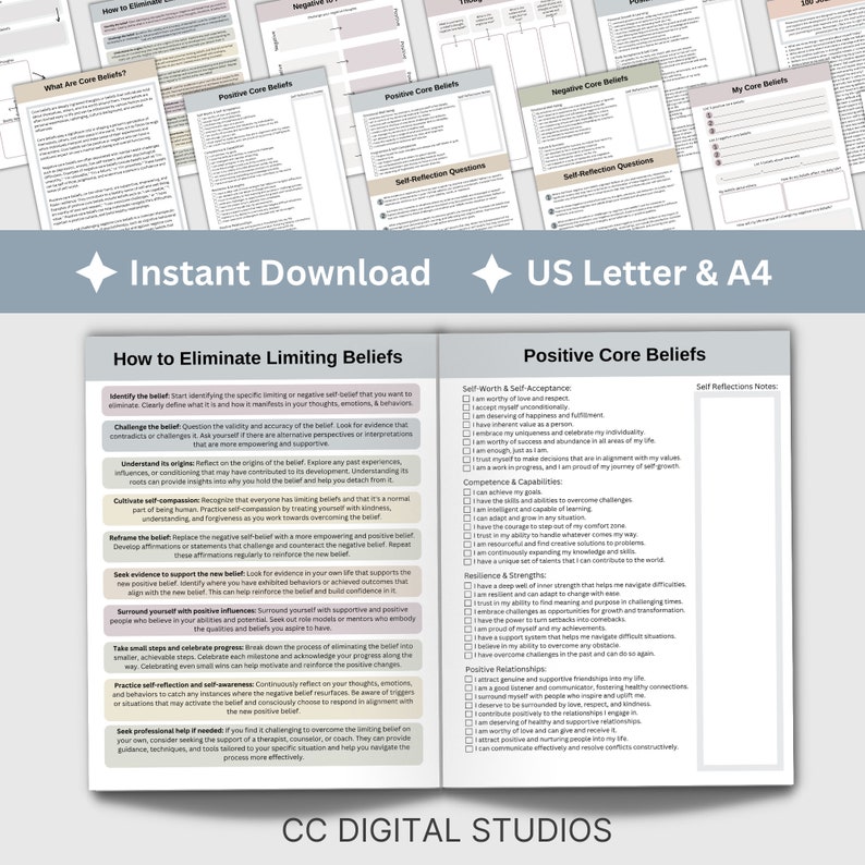 CBT Worksheets for Core Values, Mental Health Workbook, Limiting ...