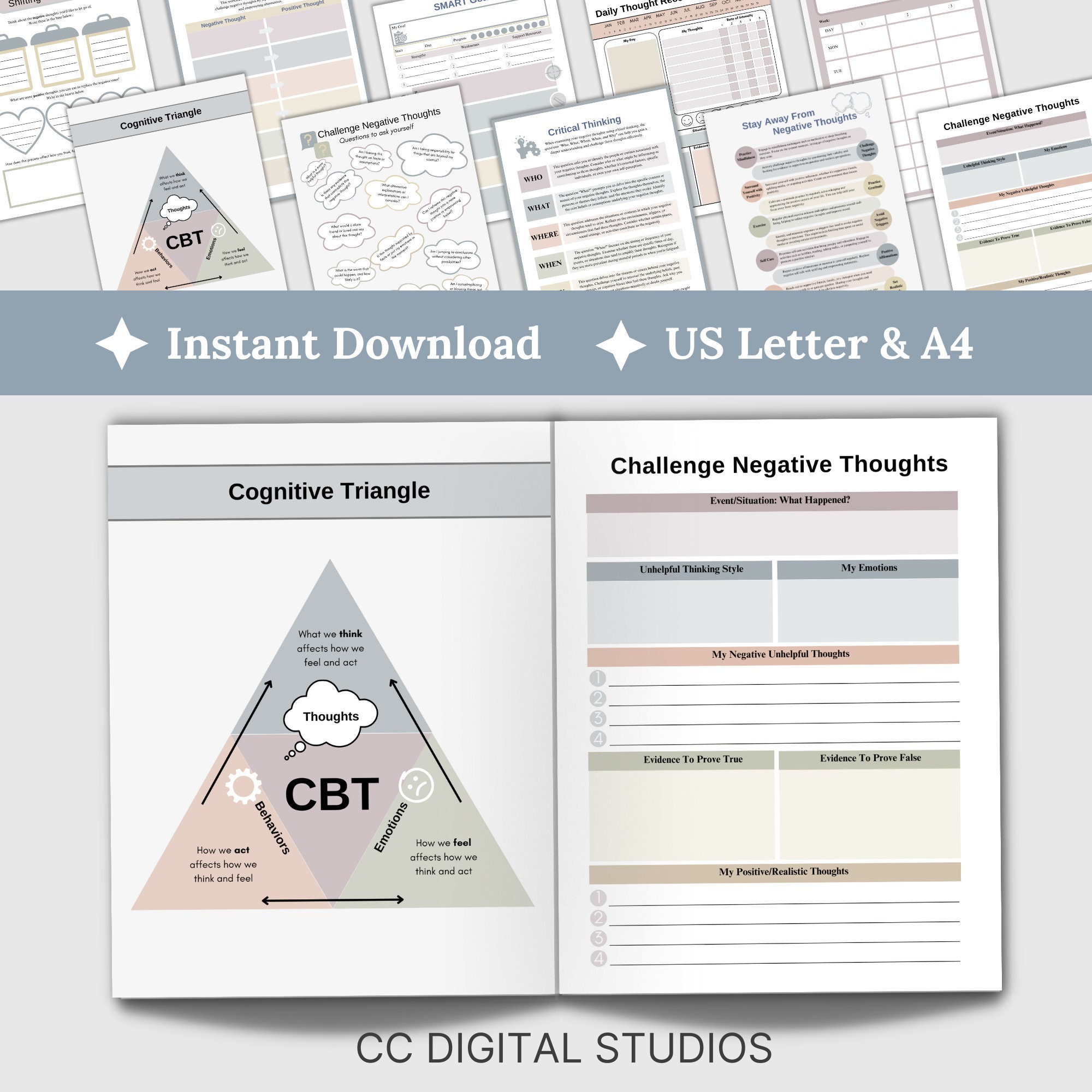 CBT Therapy Worksheets: Challenge Negative Thoughts, Cognitive ...