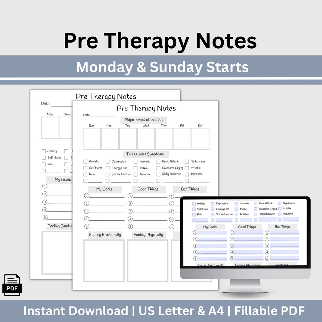 Pre Therapy Notes Tracker: Session Log, Mood Tracker (fillable PDF) - Etsy